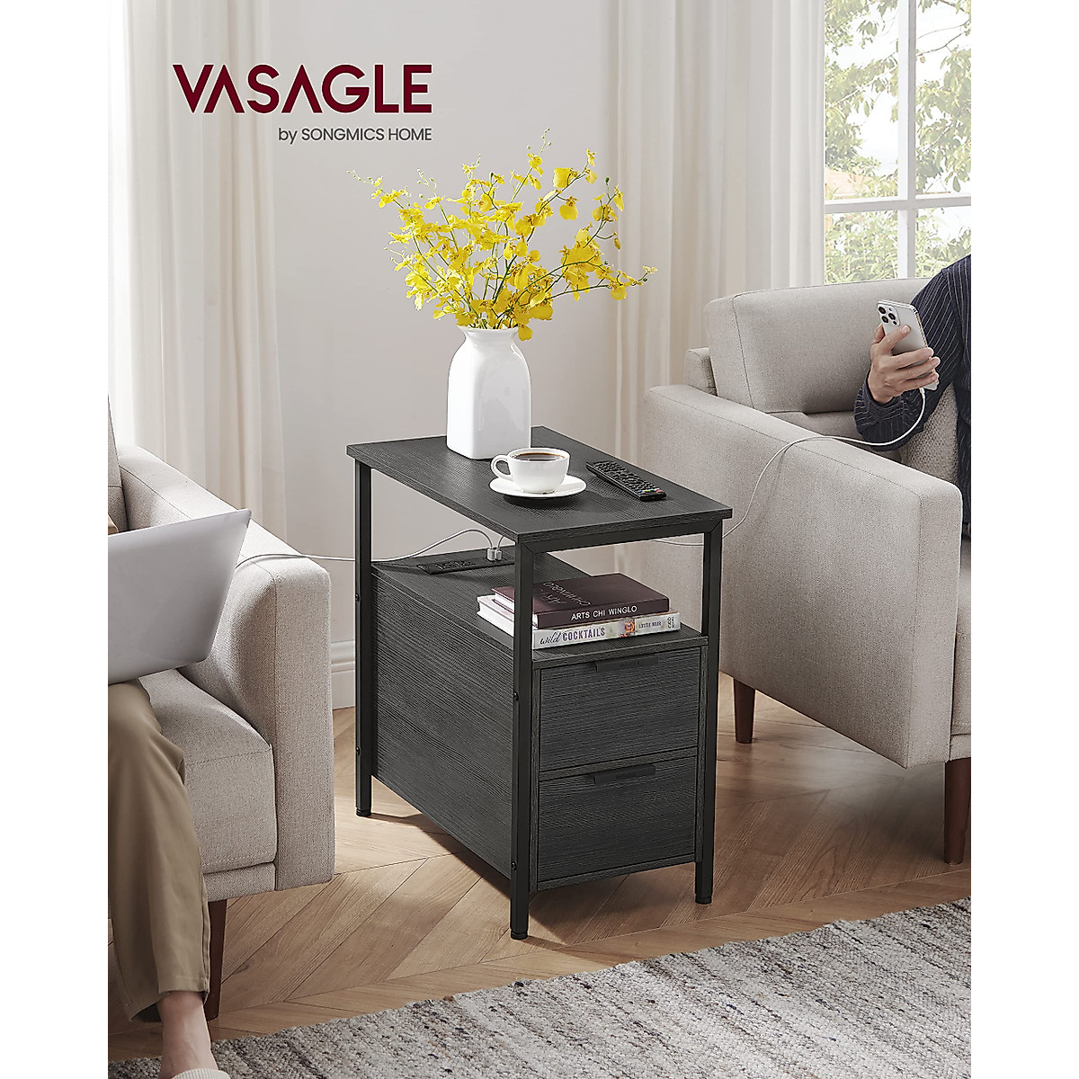 VASAGLE Side Table with Charging Station, Narrow End Table with 2 Drawers, Slim Nightstand and Bedside Table with Storage, for Small Spaces, Black ULET321B22