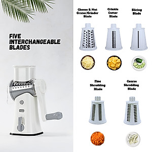 iezzei Rotary Cheese Grater Hand Crank Vegetable Shredder with 5 Stainless Steel Blades, Nut Grinder, Carrot Shredder, Fruit Slicer, Potato Crinkle Cutter, Secure & Large Suction Base with handle
