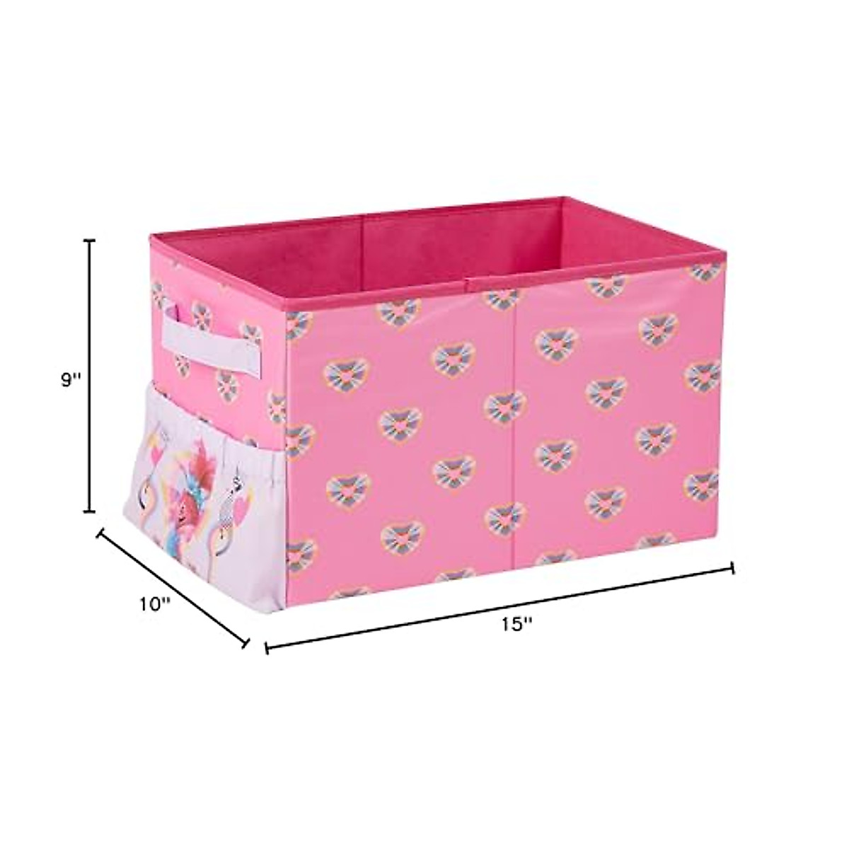 Idea Nuova Dreamworlds Trolls Kids Collapsible Storage Organizer Bin with Front Pocket,9" H x 10" W x 15" L