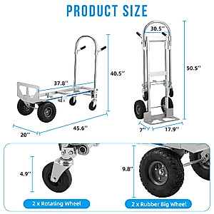 GarveeTech Convertible Hand Truck Dolly Platform Cart, Heavy Duty Industrial Collapsible Cart, Aluminum Dolly Cart with 2 Rubber Wheels & 2 Rotate Wheels for Luggage Moving Warehouse Supermarket