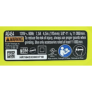 Ryobi AG454 7.5 Amp 120V AC 11,000 RPM Corded Angle Grinder w/ Rear Rotating Handle