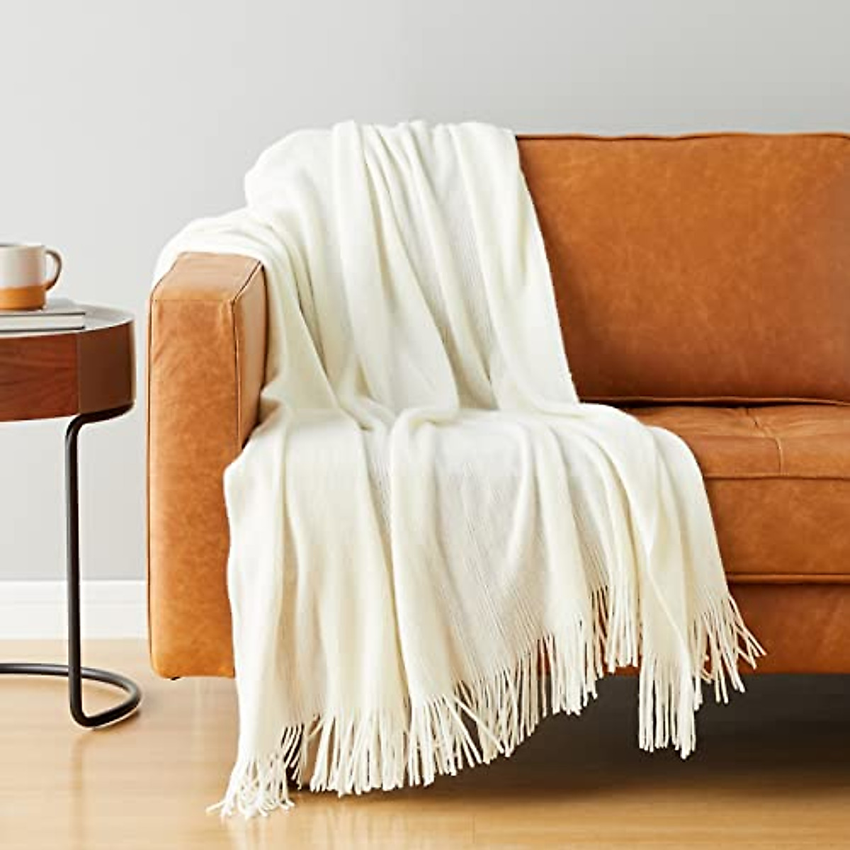 Spotgrowth Twin Throw Blankets for Sofa Warm Acrylic Knit Blanket Durable Lightweight Decorative Blanket Tassel Bed Blanket for All Season Machine Washable 50 x 60 Inches,White, (SP210714)