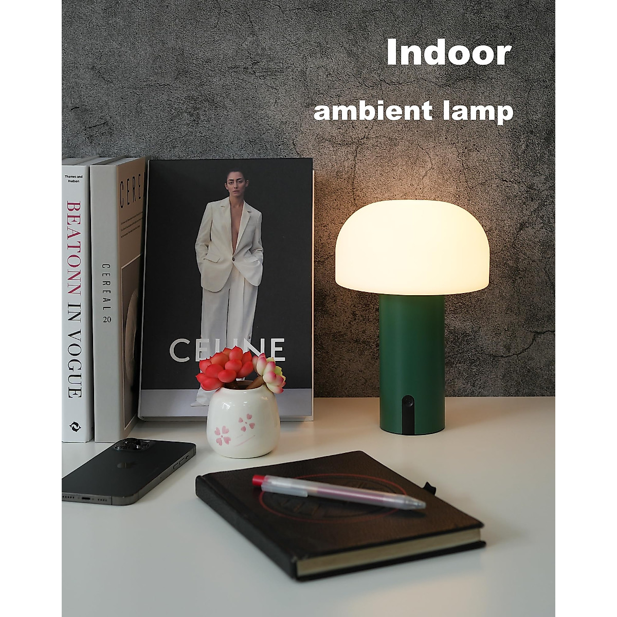 WEILAILUX Cordless Mushroom Table Lamp, Waterproof Shower Lamp, Battery Operated Table Lamp Rechargeable, Touch Dimmable Night Light for Bedroom/Patio/Camping/Dinning/Outdoor (Green)