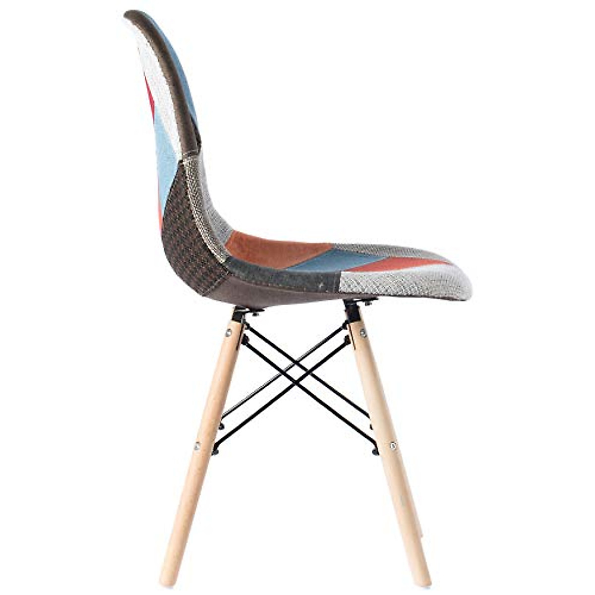 Mid-Century Modern Upholstered Plastic Multicolor Fabric Patchwork DSW Shell Dining Chair with Wooden Dowel Eiffel Legs