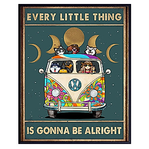 Flower Child Hippie Wall Art - Cute Positive Saying Wall Art - Retro Inspiration Gift for Woman - 60's Hippie Room Decor - Boho-chic hippie bus Poster - Every Little Thing Is Gonna Be Alright 8x10