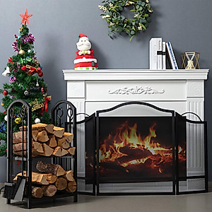 DOEWORKS 3 Panel Fireplace Screen Black Spark Guard Cover