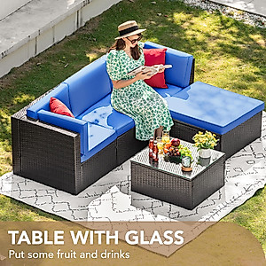 Devoko 5 Pieces Patio Furniture Sets All Weathevr Outdoor Sectional Patio Sofa Manual Weaving Wicker Rattan Patio Seating Sofas with Cushion and Glass Table (Navy Blue)