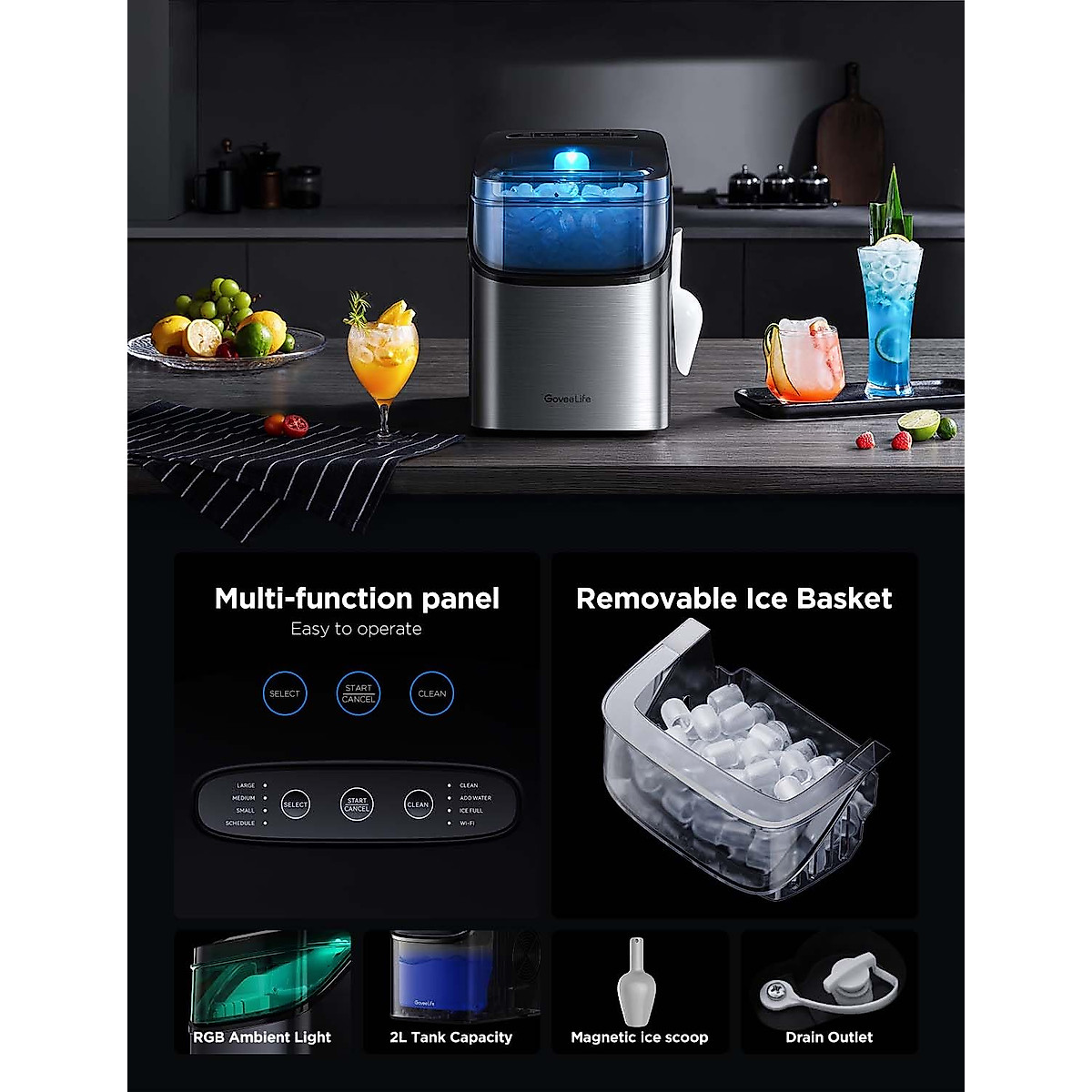 GoveeLife Smart Ice Maker Countertop, Portable Ice Machine with Voice Control, 9 Ice Cubes in 6 Minutes 3 Sizes, 26lbs/24Hrs, Self Cleaning RGB Lights, Quiet Ice Maker with Scoop for Kitchen Silver