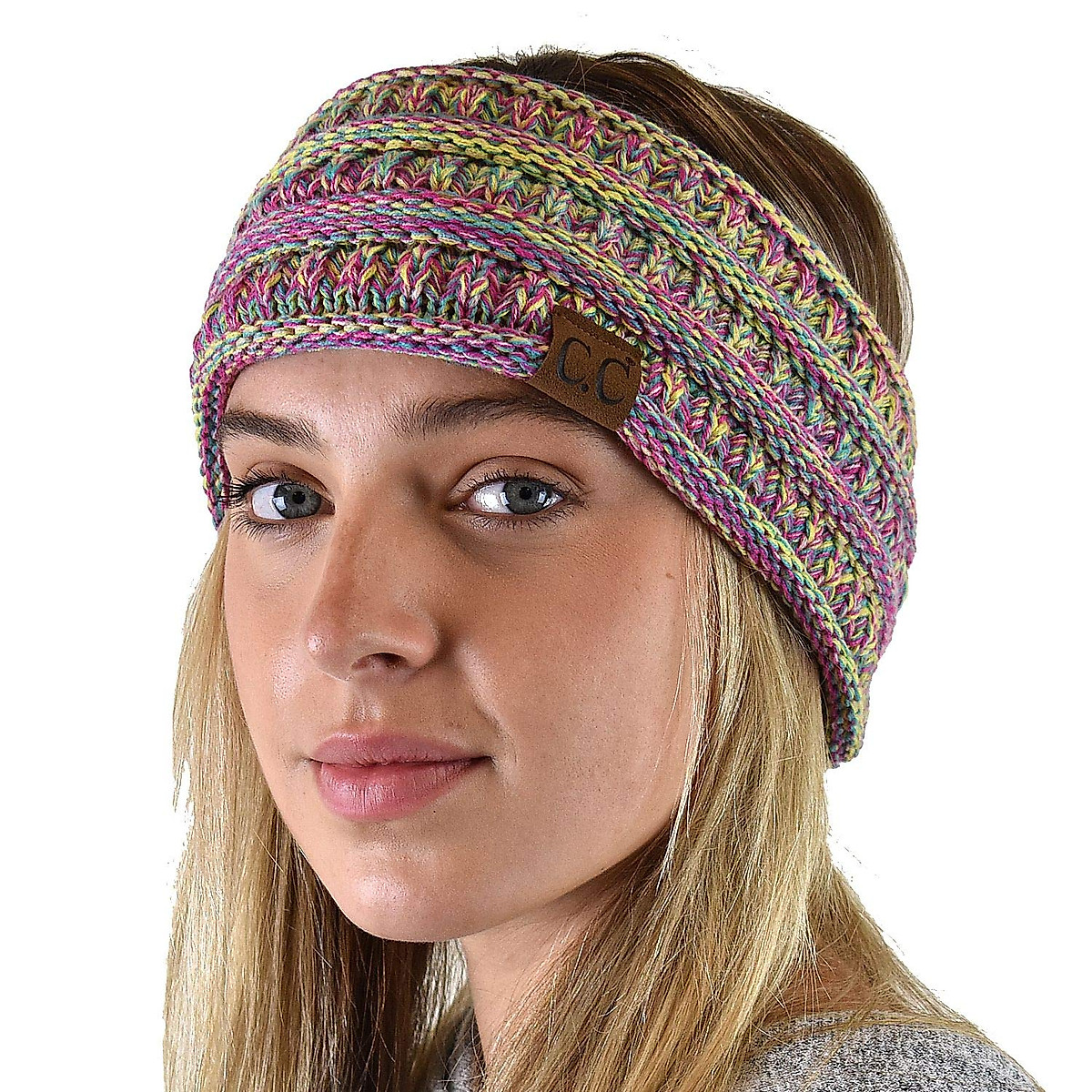 C.C Soft Stretch Winter Warm Cable Knit Fuzzy Lined Ear Warmer Headband, Bright Mix