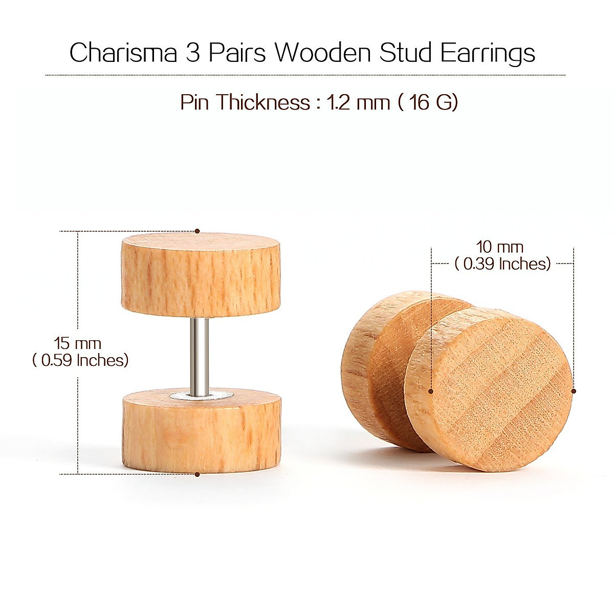 Charisma 10mm Wooden Vintage Stainless Steel Stud Earrings Ear Plugs Piercings Hypoallergenic Screw 3 Pairs