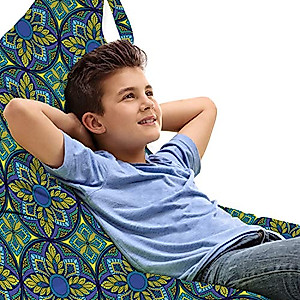Ambesonne Vintage Lounger Chair Bag, Western Culture Inspired Mosaic Floral Tiles Pattern, High Capacity Storage with Handle Container, Lounger Size, Cobalt Blue Apple Green