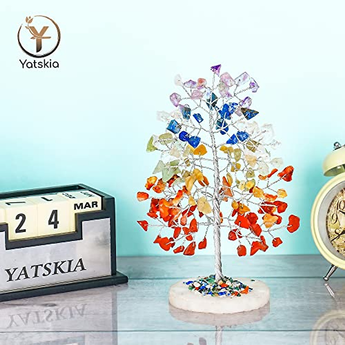 Chakra Tree of Life - Wrapped On Natural Geode Agate Slice Base, w/Tree of Life Necklace - Chakra Decor, Crystals and Healing Stones, Feng Shui Tree, Seven Chakra Tree, 7 Chakra Tree, Bonsai Tree