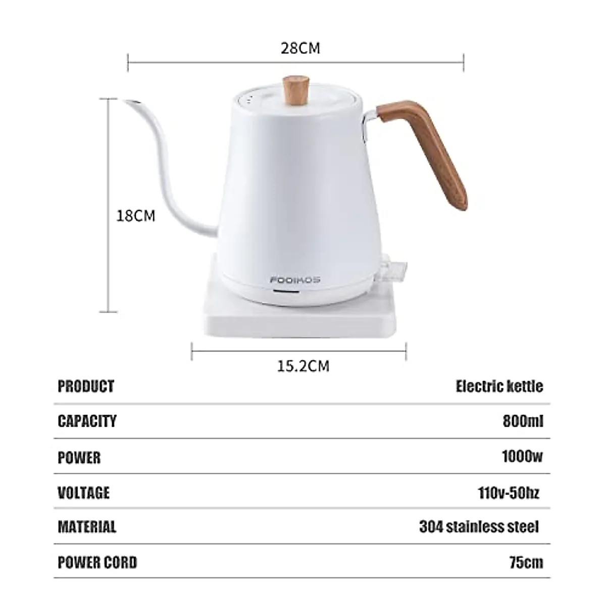 Fooikos Electric Gooseneck Kettle 0.8L for Pour Over Coffee and Tea, Food Grade 304 Stainless Steel, 1000W Quick Heating (White)