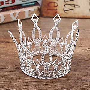 Crown Cake Topper Rhinestone Crystal Handmade Tiara Cake Decoration for Baby Shower Birthday Wedding Party Favors (Silver)
