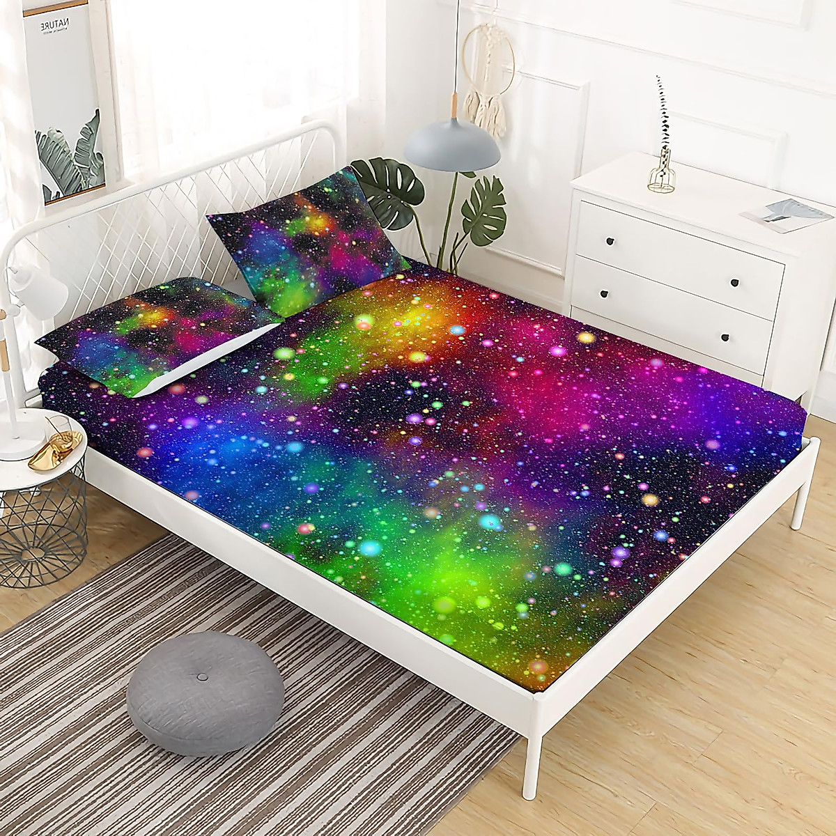 NiuOne Galaxy Fitted Sheet Set Rainbow Space Bedding Sheet Set for Girls Full 3PCS 1 Deep Pocket Sheet with 2 Pillowcases Wrinkle Free Microfiber(16,Full)