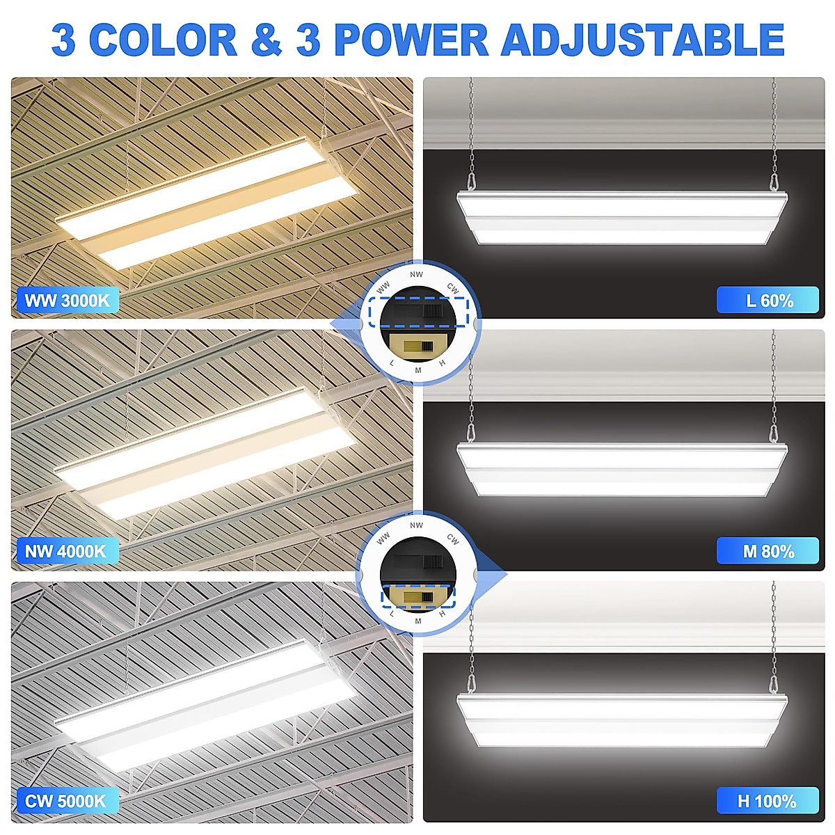 Linear High Bay Shop Light 3 Wattage Adjustable, UL DLC Listed, 3000K/4000K/5000K LED High Bay Light, 150LM/W, AC100-277V, Commercial Bay Lighting for Warehouse Shop Garage(400W/320W/240W)
