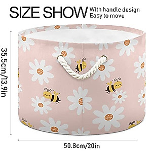 MNSRUU Storage Basket 20"x14" Daisy Flower and Bee Pink Round Storage Organizer Basket with Handles, Fabric Nursery Laundry Basket Large Capacity