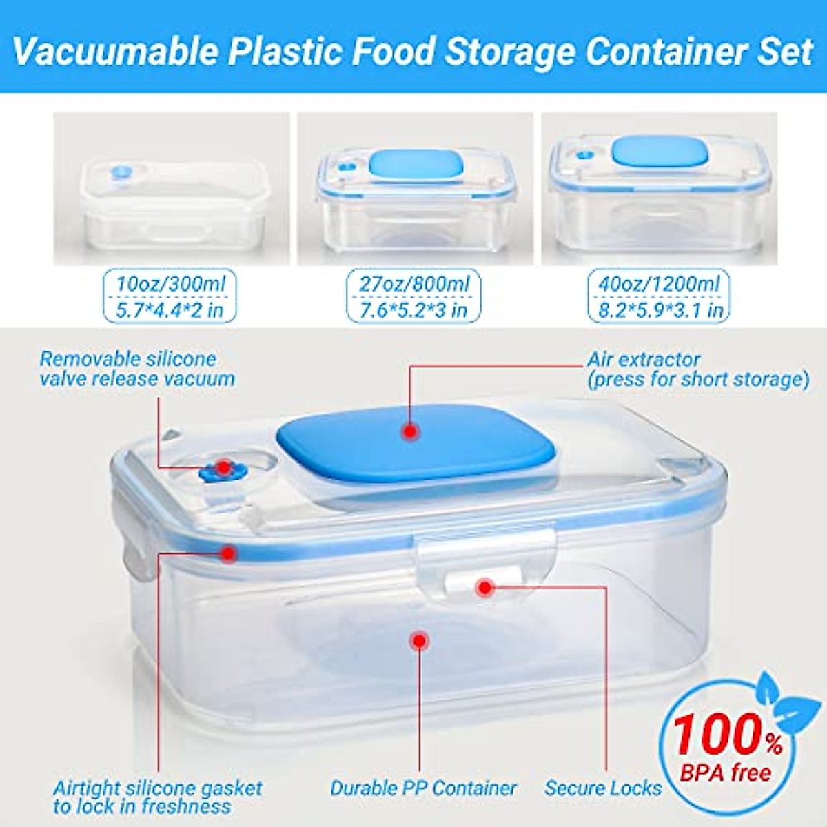 Vacuum Seal Containers Sets for Food Storage,BPA-Free, Various Sizes to Keep Food Fresher, 10oz/27oz/40oz, 6 Piece Set with Lids,3 Methods to Vacuum, Hand Pressure/Vacuum Hose(Diameter Is <1.41'')/Vacuum Pump, Good for INKBIRD VS01&VS03 Vacuum Sealer