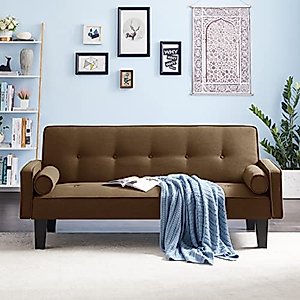 Goohome Modern Fabric, Medieval Furniture, Living Room Button Tufted, Pull Point Design for Bedroom, Office, Adjustable loveseat Sofa with Pillows, Brown