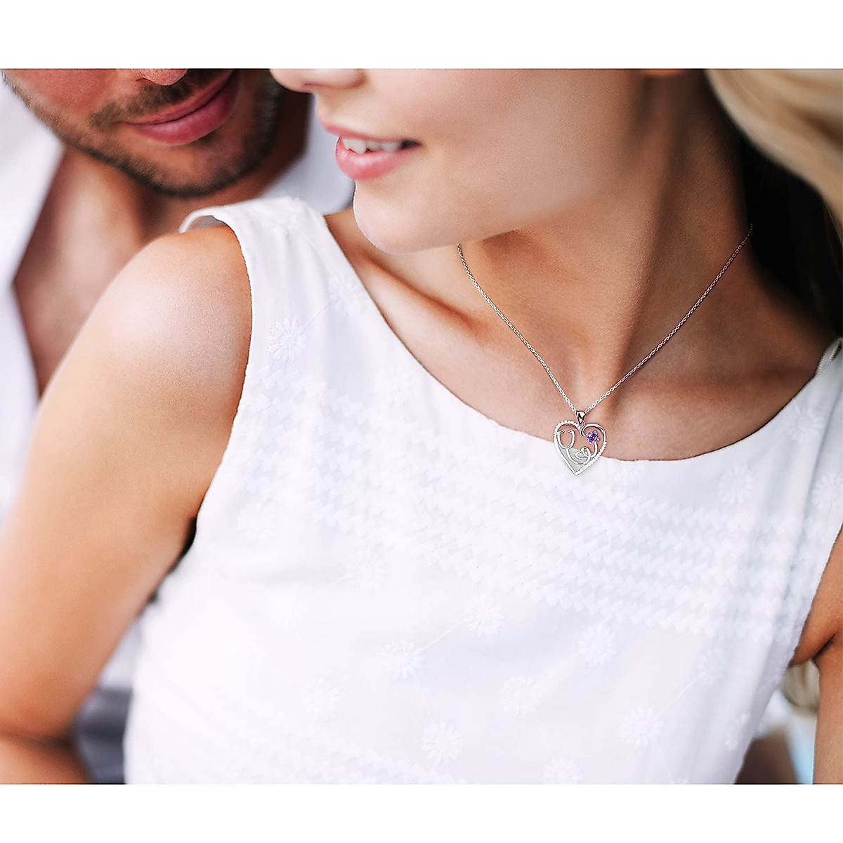 AmorAime 925 Sterling Silver Heart Necklace Nurse Necklace Stethoscope Birthstone Necklace for Doctor Medical Student for Festival, Vacation