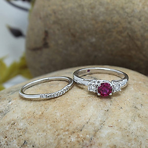 GEMVIO Collection Three Stone Ring, 5MM Round Lab Created Ruby Gemstone & Natural Diamond In 14K White Gold Over Sterling Silver Engagement Anniversary Wedding Bridal Set Ring(0.80Cttw)-7