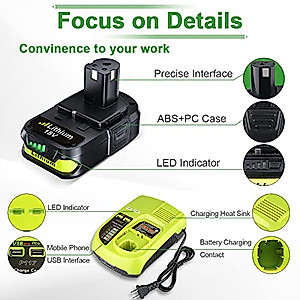 2Pack 3.0AH P102 P190 Replacement for Ryobi 18V Battery + P117 Charger for Ryobi Battery 18V Lithium P108 P107 P104 P105 P102 P103 for Ryobi 18V Lithium Battery Charger with 260051002 P117 P118 P113