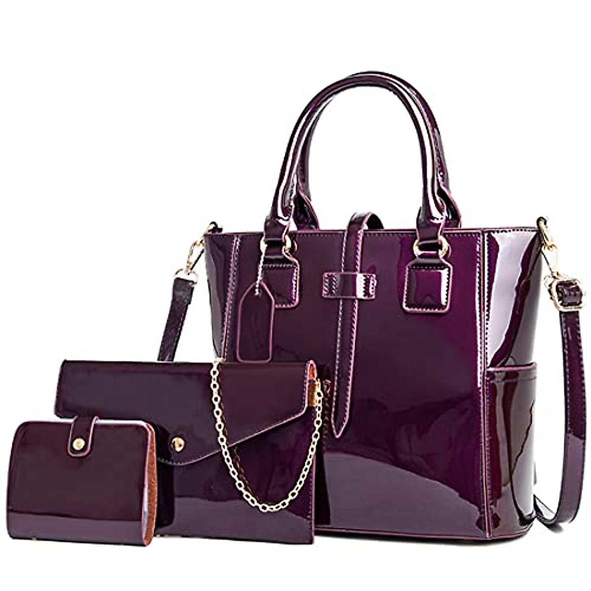 ZiMing Women Handbags and Purses Set Patent Leather Satchel Top Handle Handbag Chain Shoulder Crossbody Bags Wallet Card Holder 3 Pcs Set-Purple