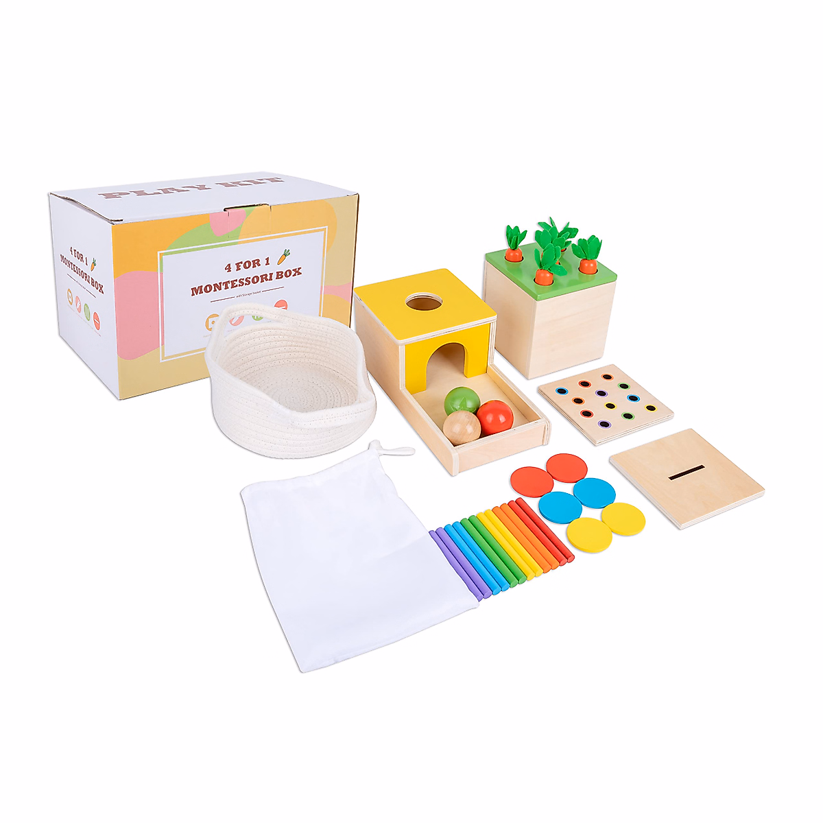 Montessori Toys for 1+ Year Old Baby Gifts,Play Kit Box Includes Carrot Harvest Games,Infant Coin Box,Fine Motor Skills Toys and Object Permanence Box,Montessori Toys for Babies 6-12 Month(4-in-1)