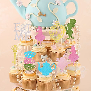 24 PCS Alice In Wonderland Cupcake Toppers Glitter Bowl Key Clock Fairy Eat Me Cupcake Picks Tea Party Cake Decorations for Baby shower Kids Boys Girls Birthday Party Supplies