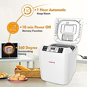 Bread Machine,AUMATE 2LB Bread Maker,with 12 Presets,Gluten-Free Setting,Auto Fruit Nut Dispenser & Nonstick Pan,2 Loaf Sizes,13H Reserve & 1H Keep Warm (Milky White)