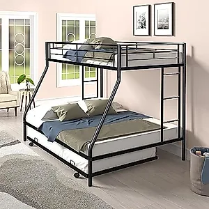 BIADNBZ Twin Over Full Bunk Bed with Trundle and 2 Built-in Ladders, Metal Heavy-Duty BunkBed Frame for Kids Teens Adults Bedroom, Black