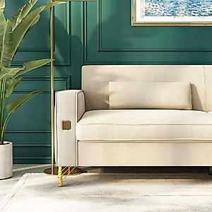 STORFENBOR 85 '' Velvet Sofa Density Sponge Spring Wrapped Fluffy Seat with 2 Waist Pillows and Round Gold-Plated Foot Cream Couch 3 Large Chairs in Living Room Couch Apartment-Beige