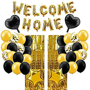Lnlofen Welcome Home Balloon Banner Decorations Kit, 39Pcs, Including Gold Welcome Home Balloons Sign, Foil Curtains, Latex & Foil Balloons for Home Decoration Family Party Supplies