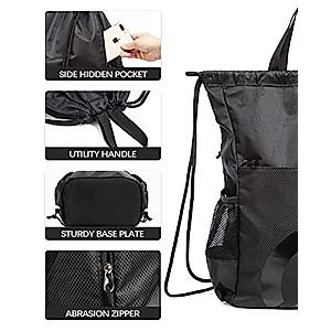 TRAILKICKER Drawstring Backpack Bag Basketball Football Volleyball Mesh Gym Sports String Drawstring Bag Waterproof for Men &Women with Smooth Zipper and Two Mesh Water Bottle Holder (Black)