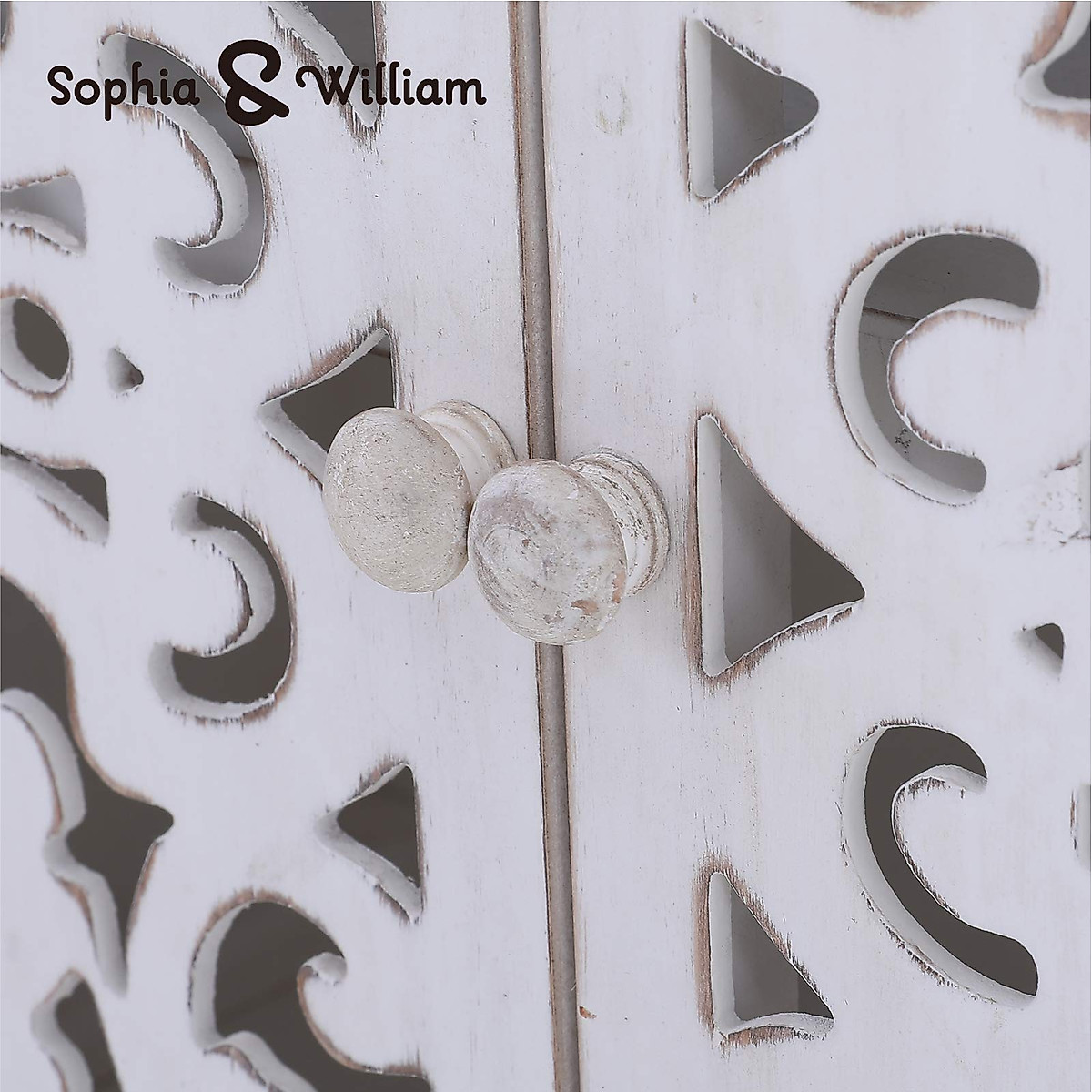 Sophia & William Accent Cabinet with 2 Doors, Distressed Storage Cabinet with Wood Frame and Hollow-Carved Door for Entryway Living Room, White