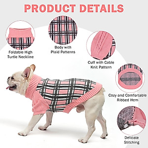 SCENEREAL Small Dog Pullover Sweater, Cold Weather Cable Knitwear, Classic Plaid Turtleneck Thick Warm Dog Clothes for Chihuahua, Bulldog, Dachshund, Pug, S Medium Dogs