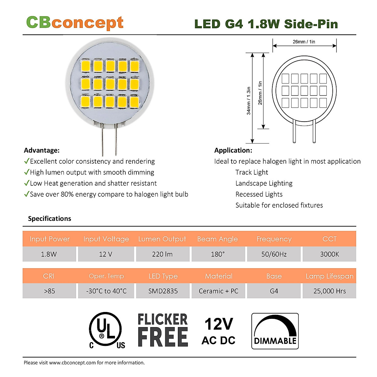 CBconcept UL Listed, SidePin G4 LED Light Bulb, 10 Pack, 1.8 Watt, Dimmable,220 Lumen, Warm White 3000K, 180 Degree Beam Angle, 12 Volt,20W Equivalent, G4 Bi Pin Base Halogen Replacement Bulb