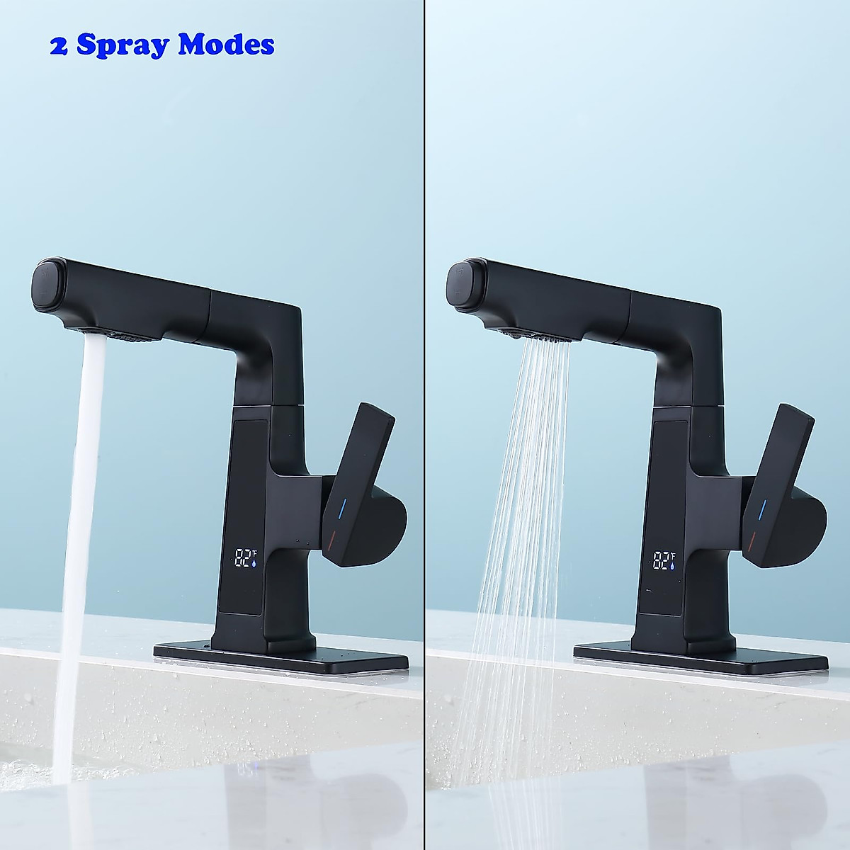 Zexzen Black Bathroom Faucet with Pull Out Sprayer, LED Bathroom Faucet with Temperature Display Modern Sink Faucet for Kitchen RV Bar with 2 Spray Modes and Liftable Vanity Faucet with Deck Plate
