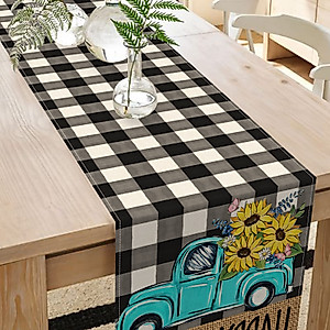 Seliem Happy Spring Blue Truck Table Runner, Black White Buffalo Check Plaid Kitchen Dining Table Decor, Sunflower Floral Flower Seasonal Burlap Farmhouse Home Decoration Party Supply 13 x 72 Inches