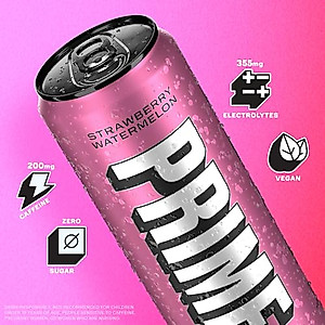 PRIME HYDRATION Energy Drink Strawberry Watermelon, Naturally Flavored, 200mg Caffeine, Zero Sugar, 300mg Electrolytes, Vegan, 12 Fl Oz per Can (Pack of 12)