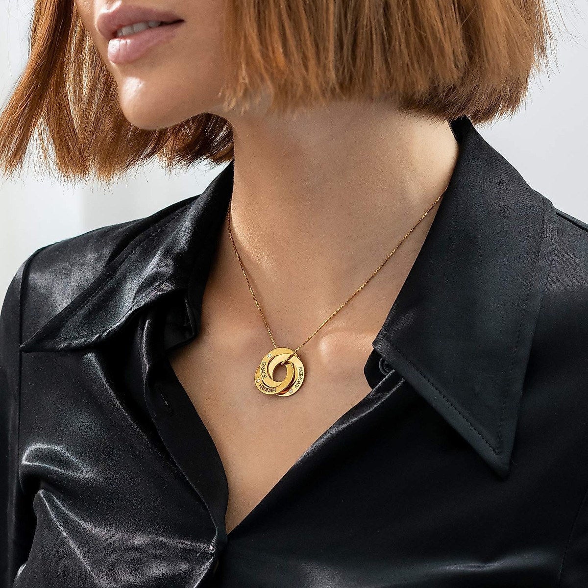 MYKA - Russian Ring Engraved Name Necklace with Diamonds Personalized 3 Circles Discs Inscription Customization Mother's Day Jewelry Gift… (18k Gold Plating)