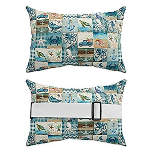 Recliner Head Pillow Ledge Loungers Chair Pillows with Insert Summer Beach Ocean Turtle Starfish Anchor Octopus Navy Blue Lumbar Pillow with Adjustable Strap Patio Cushion for Sofa Bench Couch, 2 PCS