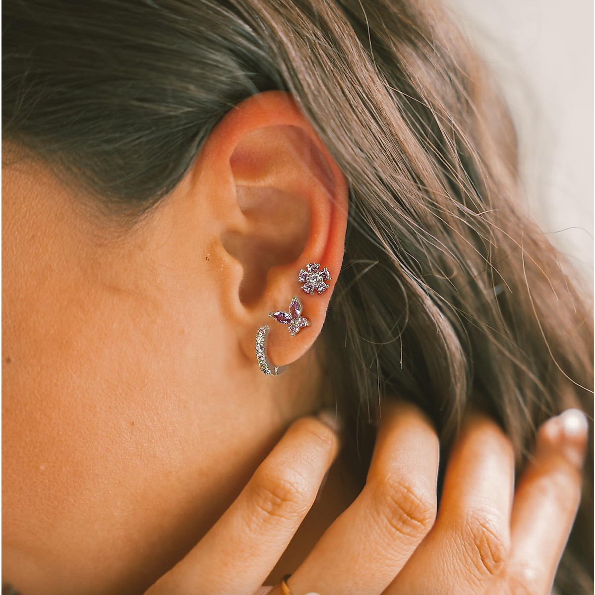 Kenivira Silver Stud Earrings Set for Women,3 Pairs Hoop Stud Cartilage Hypoallergenic Dainty Earrings,Small Cartilage Trendy CZ Earring Jewellery