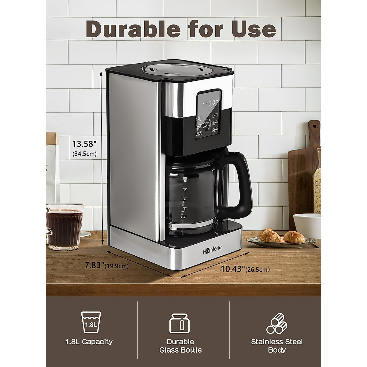 Homtone Coffee Maker 12 Cup Programmable, Anti-Drip Digital Coffee Machine, Brew Strength Control Coffee Maker for Hot Coffee, Stainless Steel, LCD Touch Screen, Permanent Filter, 1000W