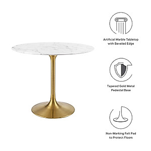 Modway Lippa 36" Mid-Century Dining Table with Round Artificial Marble Top in Gold White