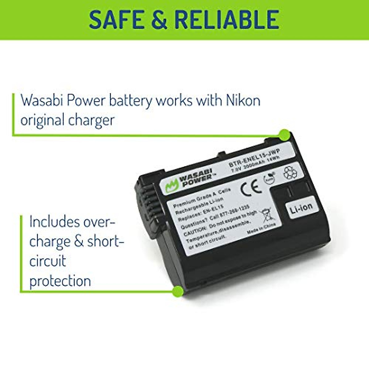 Wasabi Power Battery (2-Pack) for Nikon EN-EL15, EN-EL15a, EN-EL15b, EN-EL15c & D500, D600, D610, D750, D780, D800, D800E, D810, D810A, D850, D7000, D7100, D7200, D7500, Z5, Z6, Z6II, Z7, Z7II, 1 V1