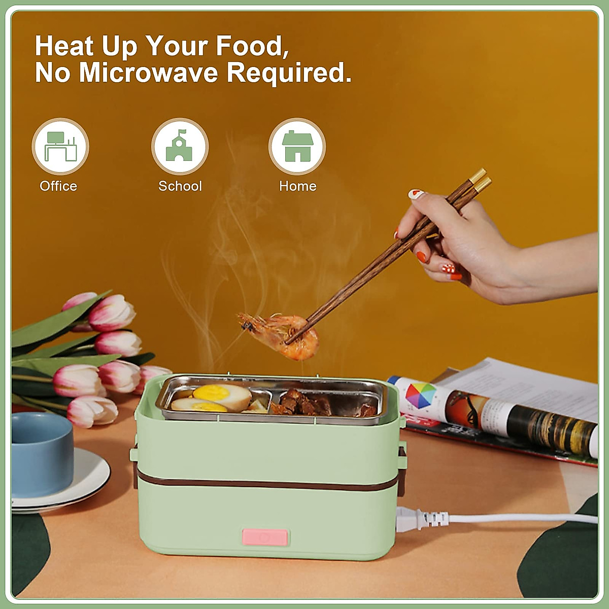 Electric Lunch Box Food Heater, 3 in 1 Portable Food Warmer for Office Home School,2 Layer Heated Lunch Box Leak Proof, Food Warmer with Removable 304 Stainless Steel Container 800ml (Green)