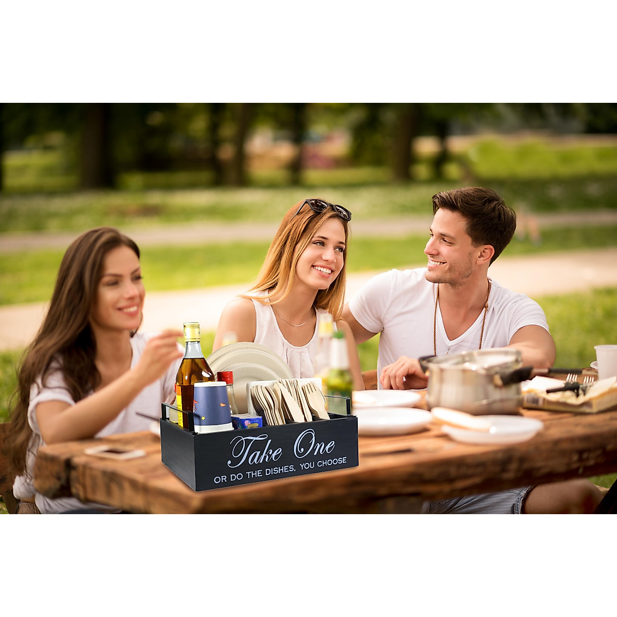 Rehuei Paper Plate Holder Utensil Caddy Organizer - Rustic Wood Disposable Plate Dispenser with Handles for Cups, Forks, Spoons, Napkins and Silverware Holders (handle paper plate holder)