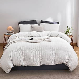 DuShow California King Duvet Cover White,3 Pieces Seersucker Duvet Cover Set,Soft Breathable Textured Cal King Bedding Set,Oversized King Comforter Cover Set for All Season