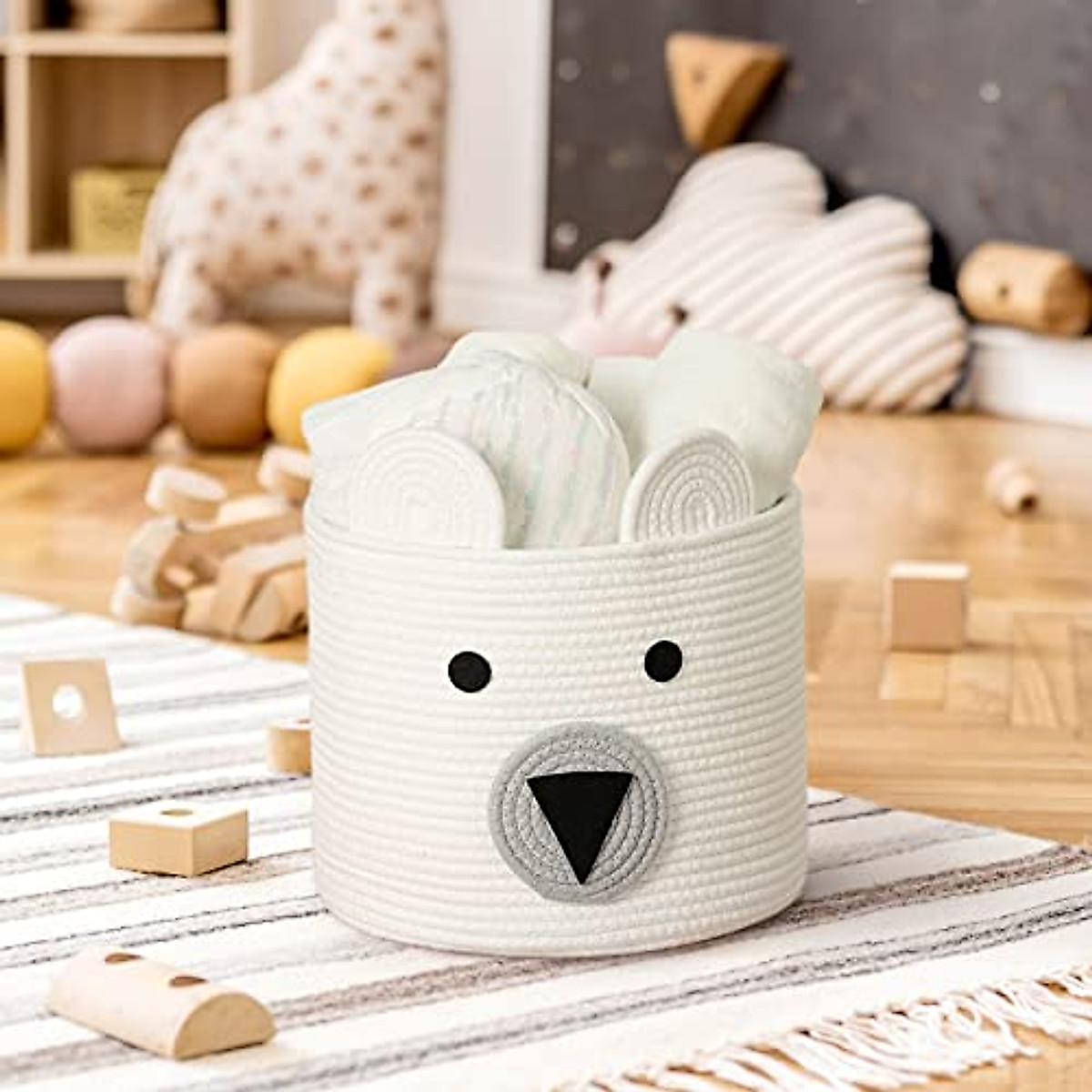CherryNow Bear Basket, Cotton Rope Basket, Woven Laundry Hamper, Toy Storage Bin for Kids, Clothes in Bedroom, Baby Nursery & Living Room, 10'' (H) x 12'' (D)